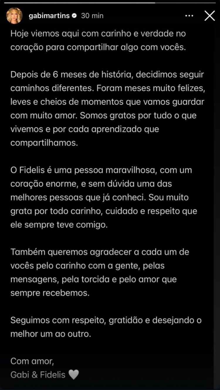Gabi Martins e Matheus Fidelis anunciam o fim do namoro