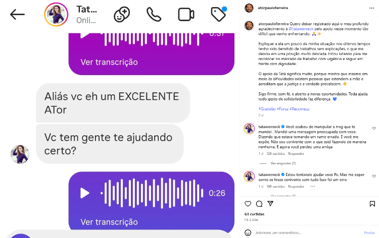 Tatá Werneck se revolta após ator expor ajuda: Você perdeu uma amiga