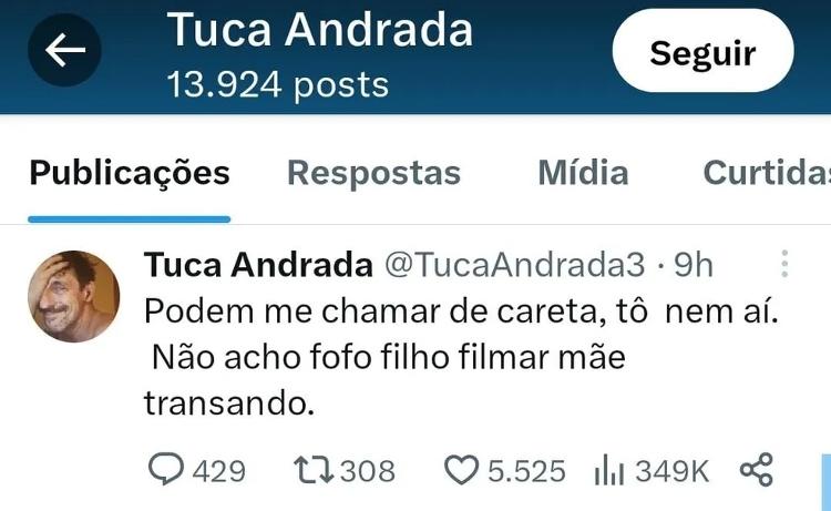 Tuca Andrada opina sobre Urach ser filmada por filho em cenas de sexo