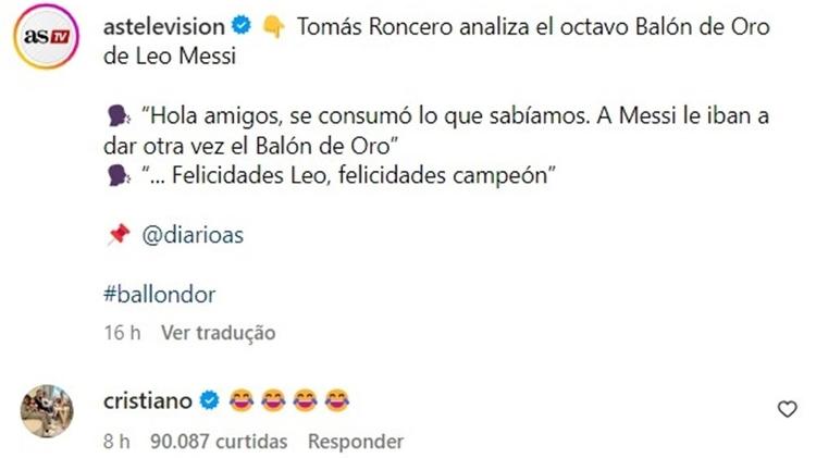 Cristiano Ronaldo reage a publicação sobre 8ª Bola de Ouro de Messi