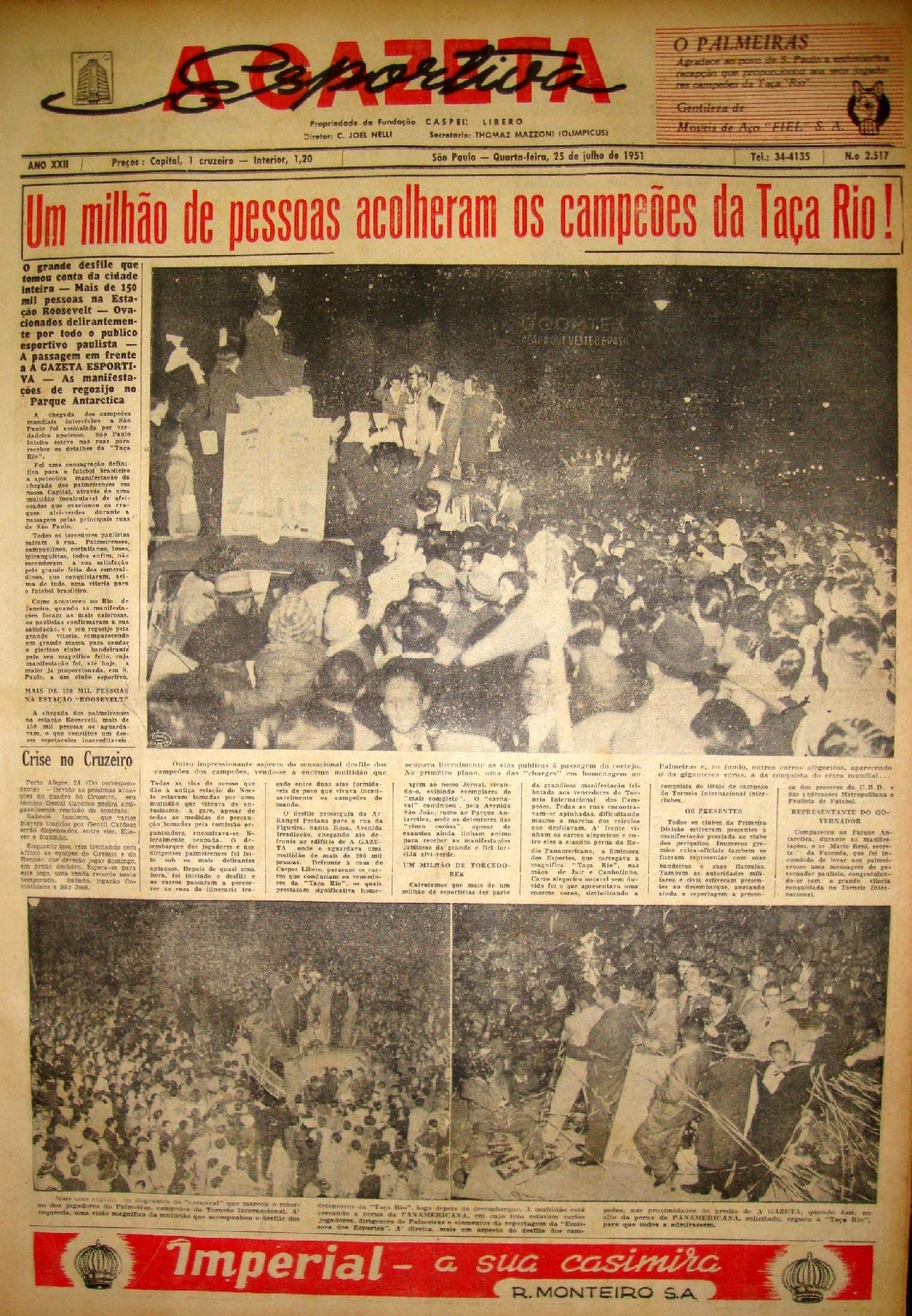 "Palmeiras campeão do mundo!": Como jornais retrataram a Copa Rio 1951