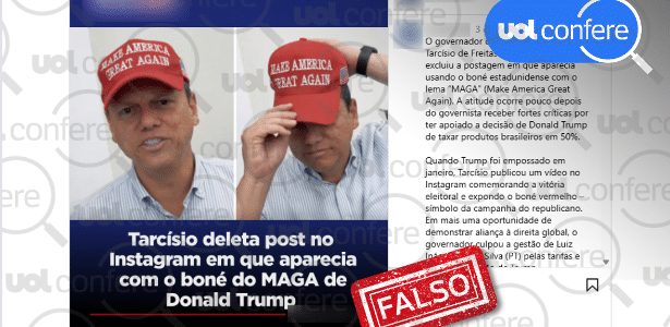 Tarcísio não apagou vídeo em que usa boné com slogan de Trump