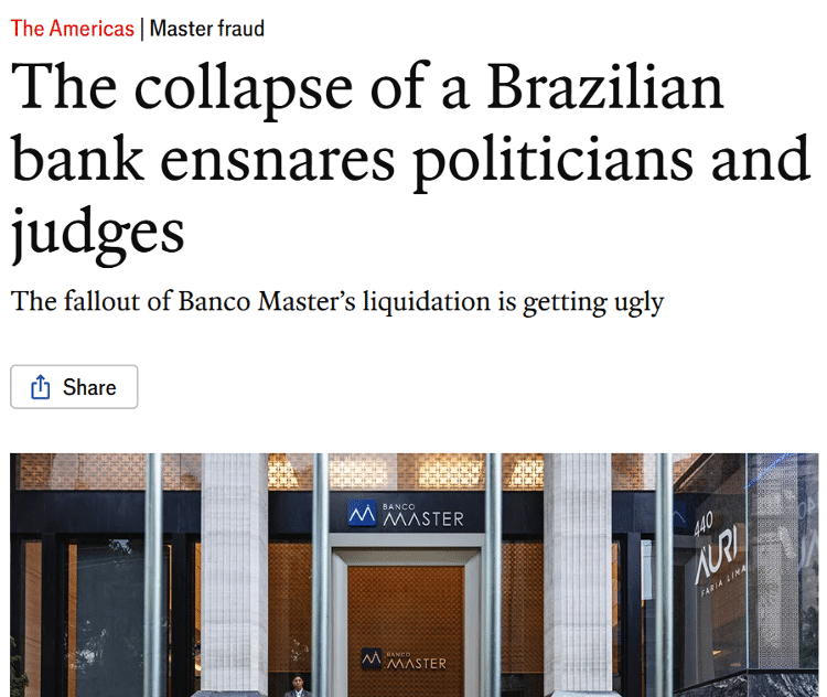 The Economist: Laços do STF com Master reforçam impressão de parcialidade