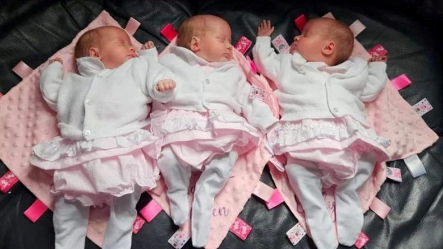 Casal supera probabilidades ao dar à luz trigêmeas idênticas