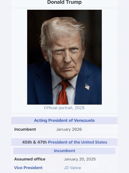 Trump posta foto em que aparece como presidente interino da Venezuela