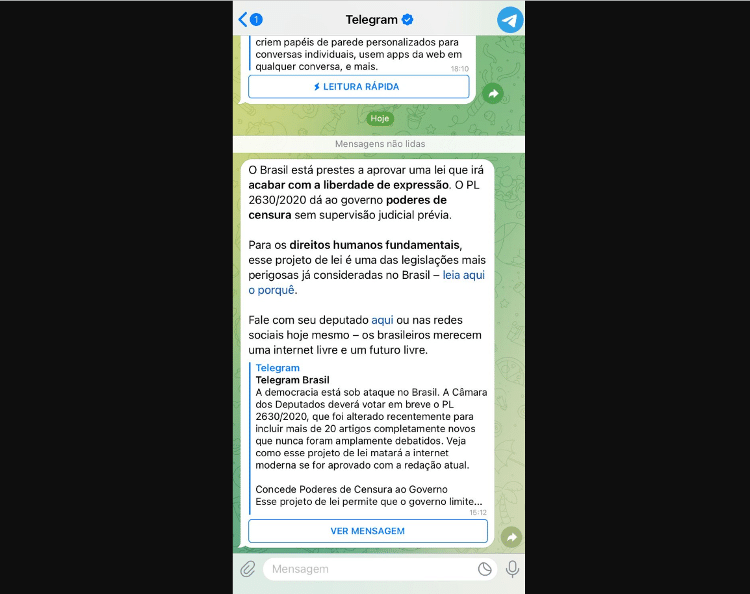 Telegram manda mensagem a usuários criticando PL das Fake News