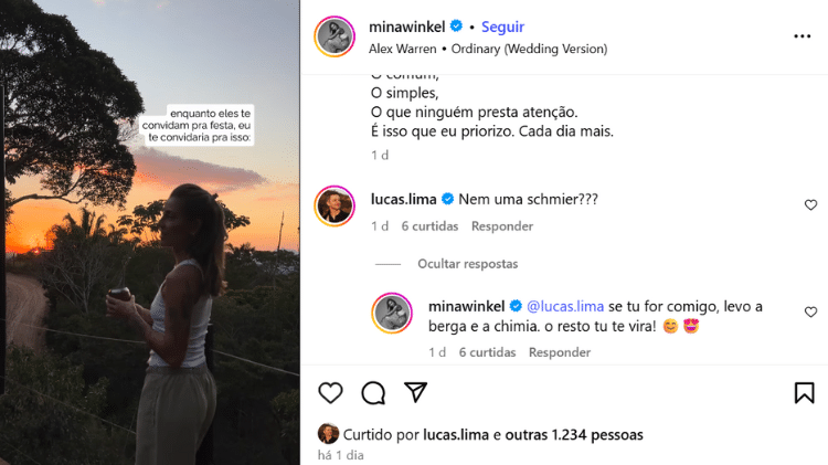 Lucas Lima e Mina Winkel trocam flertes nas redes sociais
