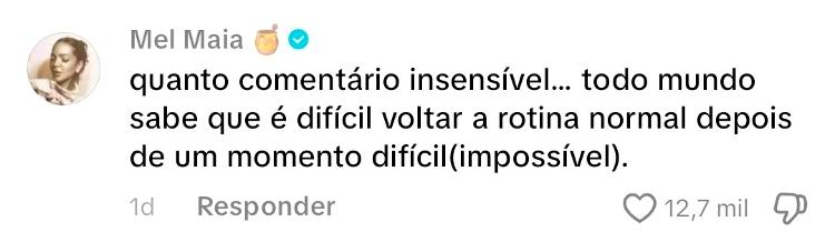 Mel Maia rebate críticas sobre seu corpo após morte da mãe