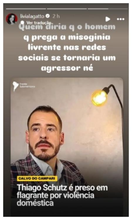 Atriz que foi ameaçada por Thiago Schutz reage à prisão: 'Agressor'