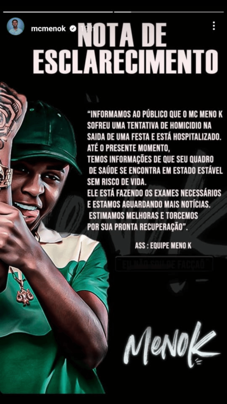 Mc Meno K sofre tentativa de homicídio e é hospitalizado às pressas